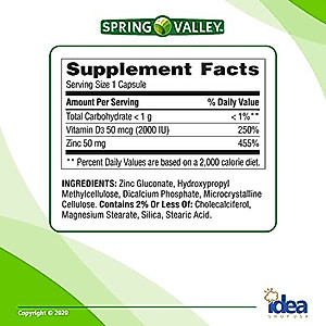 Spring Valley Zinc 50 mg with Vitamin D3 50 mcg Capsules + “Vitamins & Minerals - A to Z" - Better Idea Guide (2 Pack 300 ct)