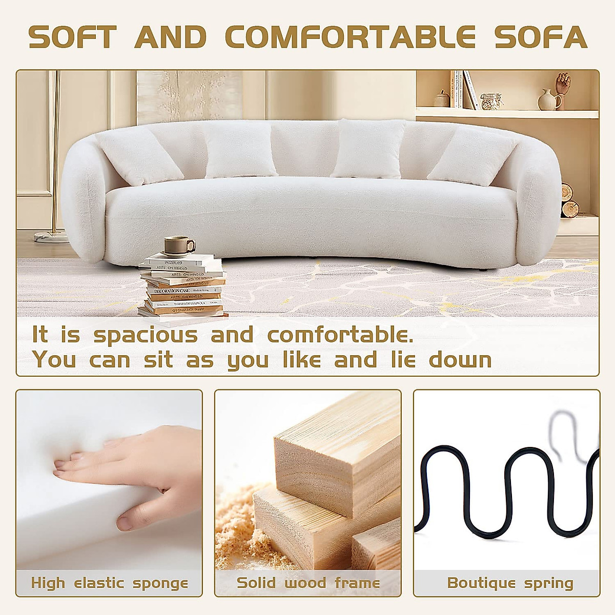 JUSTONE 101" Mid Century Modern Curved Living Room Sofa, 4-Seat Boucle Fabric Couch for Bedroom, Office, Apartment