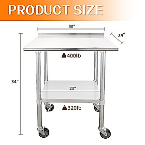 HOCCOT Stainless Steel Prep & Work Table with Adjustable Shelf, with Backsplash and Wheels, Kitchen Island, Commercial Workstations, Utility Table in Kitchen Garage Laundry Room Outdoor BBQ, 24" X 30"