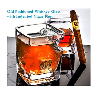 KNC Cigar Whiskey Glass - Old Fashioned Whiskey Glasses - Tumbler With Side Mounted Holder Cigar Rest-Best Accessories & Gifts for Drinking Bourbon and Scotch