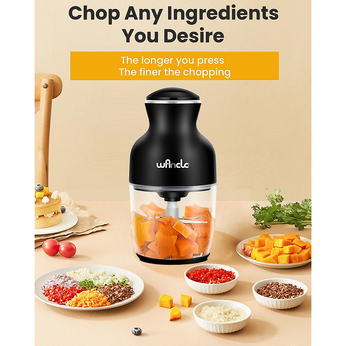 Wancle Food Processors, Multi-Functional Food Chopper, Meat Grinder & Veggie Chopper, Quiet, 600ML Glass Bowl Baby Food Maker, One-Touch Operation, 350W, Three-layer Blade(Black)