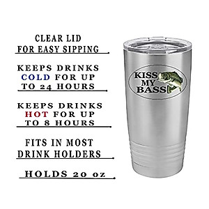 Rogue River Tactical Funny Fishing 20 Oz. Travel Tumbler Mug Cup w/Lid Vacuum Insulated Hot or Cold Kiss My Bass Fishing Gift Fish