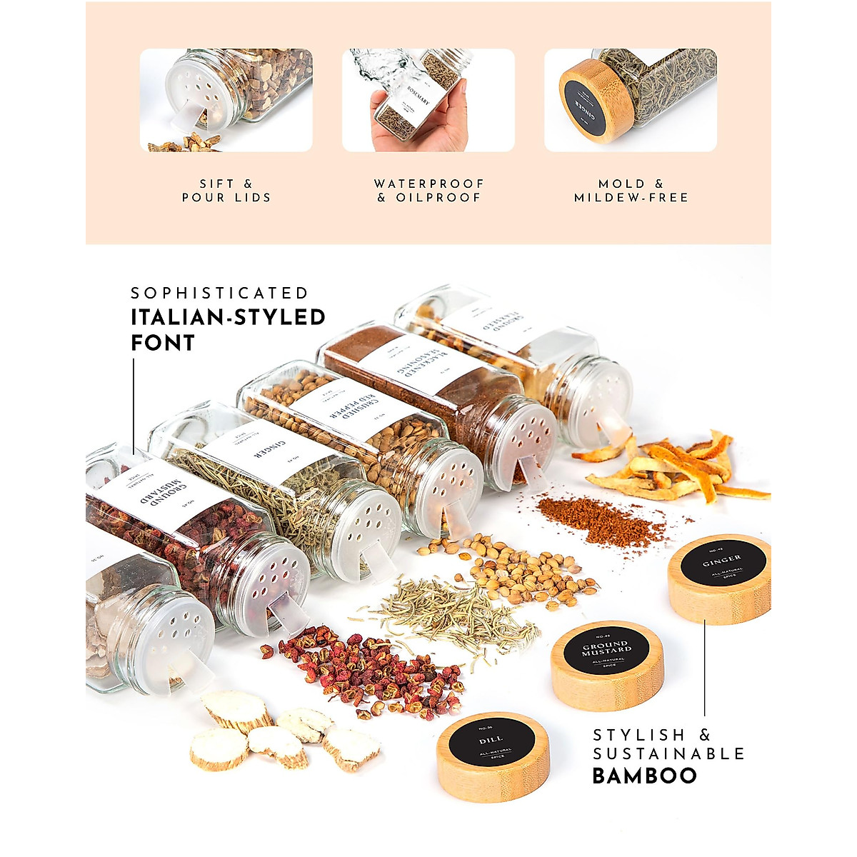 Glass Spice Jars with Labels Bamboo, 24 pcs 4 oz Seasoning Containers Set, Spice Containers with Shaker Lids, Empty Glass Seasoning Jars, Spice Bottles Storage Refillable, Seasoning Organizer Kitchen