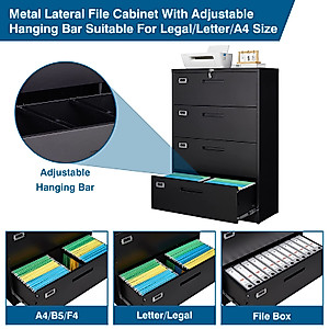 PEUKC 4 Drawer File Cabinet, Lateral Filing Cabinets for Home Office, Office Storage Drawers with Lock, Hanging Files Legal/Letter A4 Size (Assemble Required,Black)