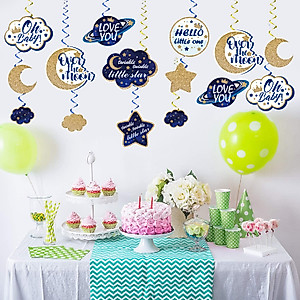 Twinkle Twinkle Little Star Baby Shower Decorations Hanging Swirls, 40 Pcs NO-DIY Over The Moon Baby Shower Decorations, Moon and Stars Baby Shower Whirls Glitter Foil Ceiling Swirls