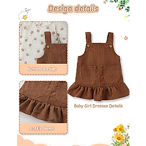 YENTAKE Newborn Baby Girl Dresses Clothes Long Sleeve Ruffle Romper Infant Suspender Skirt Set Baby Overall Fall Outfits (Brown, 12-18M)