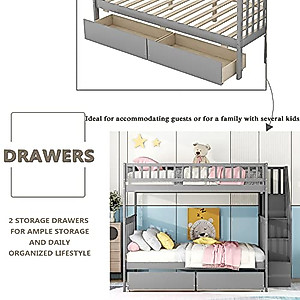 CITYLIGHT Full Over Full Bunk Beds with Stairs,Wood Full Bunk Beds with 2 Storage Drawers, Bunk Bed Full Over Full Size for Kids,Teens, Adults, No Box Spring Needed, Grey