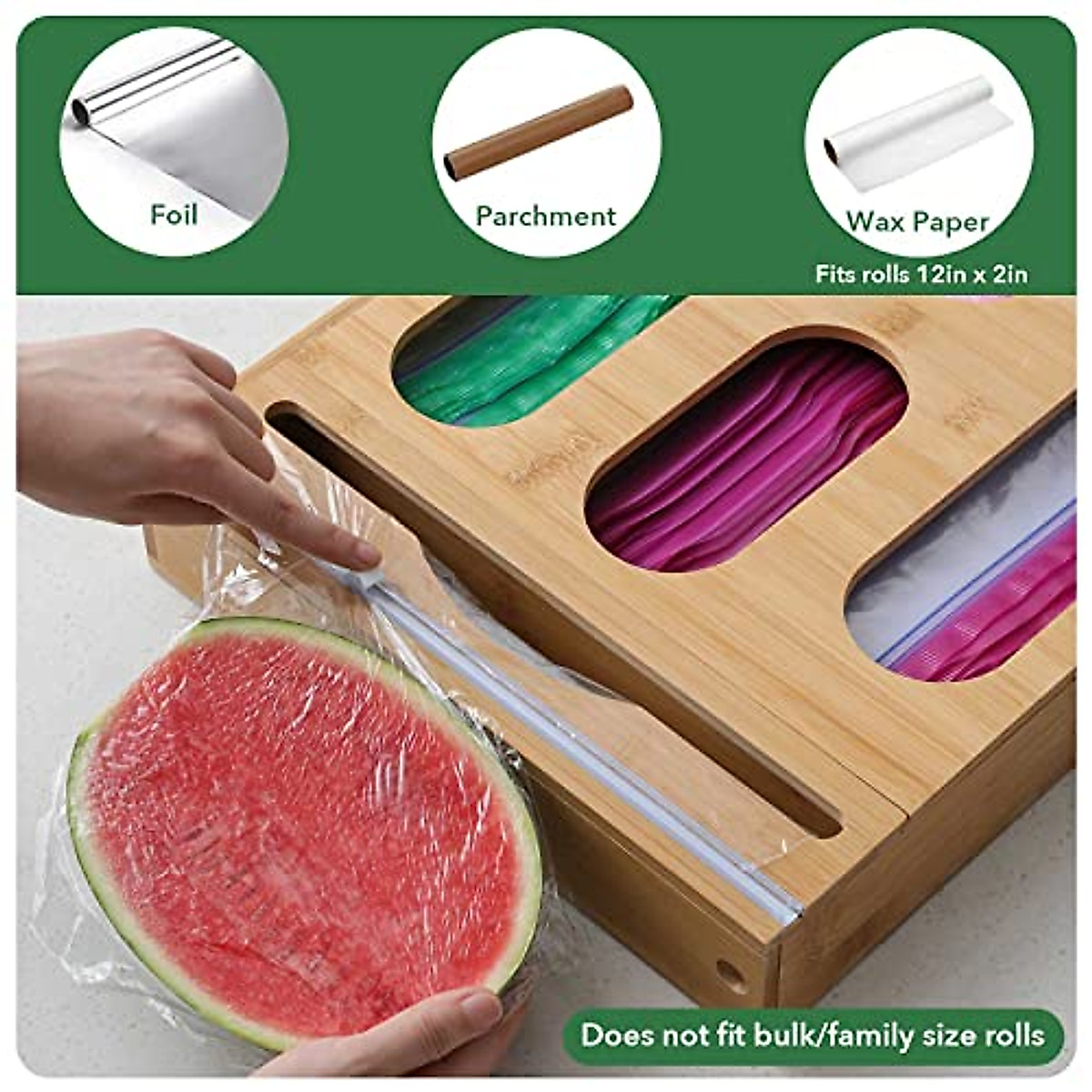 Kitchen Drawer Ziplock Bag Organizer with Foil Wrap Dispenser and Cutter | Bamboo Ziplock Bag Organizer for Drawer | Baggie Organizer Compatible with Snack, Slider, Quart, Gallon, Sandwich Bag Sizes