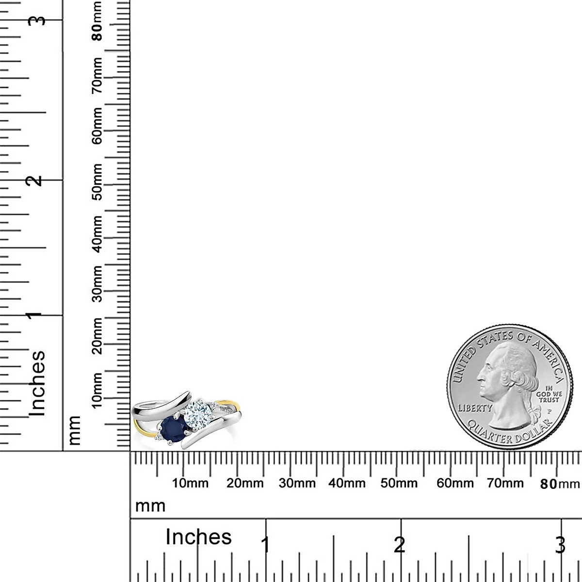 925 Sterling Silver and 10K Yellow Gold Sky Blue Aquamarine Blue Sapphire and White Lab Grown Diamond 2 Stone Crossover Ring (1.12 Cttw, Gemstone Birthstone, Available in size 5, 6, 7, 8, 9)