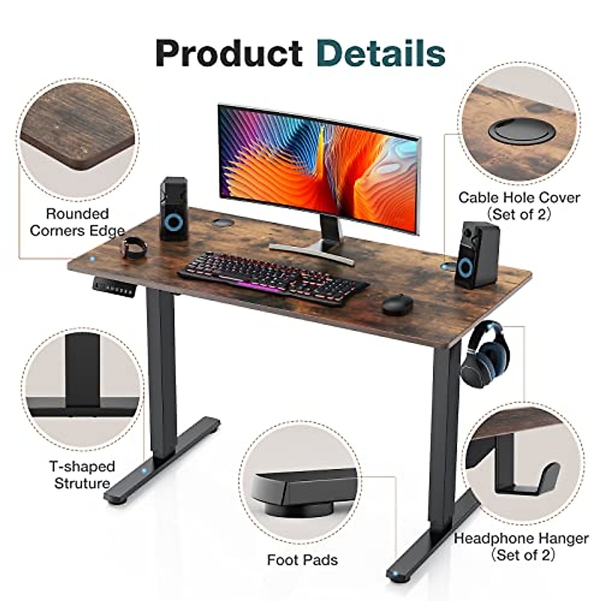 Sweetcrispy Electric Standing Desk, 40 x 24in Adjustable Height Electric Stand up Desk Standing Computer Desk Home Office Desk Ergonomic Workstation with 3 Memory Controller, Rustic Brown