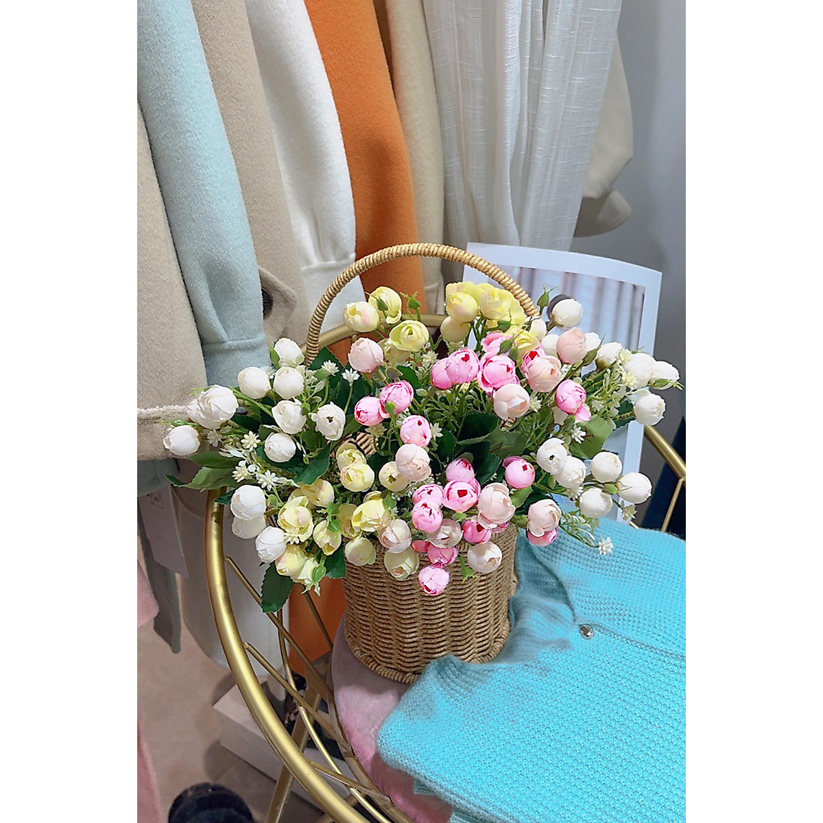 Rose Artificial Flower, RIFNY 3 Bunch 45 Heads White Mini Artificial Roses Bouquet Long 12.6'' with Stem for DIY Home Decorations Bedroom, Living Room,Balcony, Tables Vase and Wedding Party Decoration