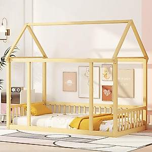 Bellemave Twin Size Floor Bed for Kids, Girls, Boys, Wood House Bed Frame, Floor House Bed for Kids, Twin Size Montessori Floor Bed with Fence, Playhouse for Kids, Natural