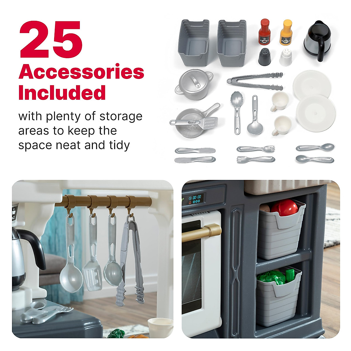 Step2 Gilded Gourmet Kitchen Playset for Kids, Indoor/Outdoor Play Kitchen Set, Toddlers 2+ Years Old, 20+ Piece Kitchen Toy Set, Easy to Assemble, White, Blue, Gray