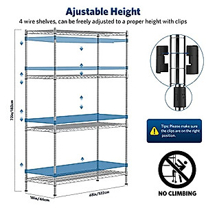 Raynesys Wire Shelving with 4" Wheels, 2400Lbs Heavy Duty 4-Tier Shelving Metal Shelves, 48x18x72in Steel Wire Storage Shelf Commercial Grade Adjustable Utility Rack for Garage, Kitchen, Chrome