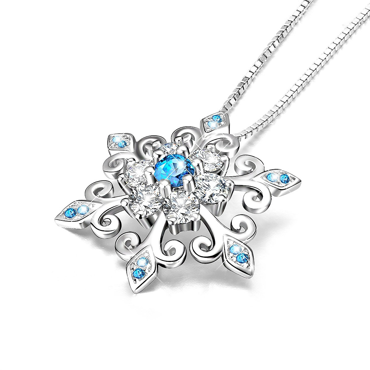 925 Sterling Silver Snowflake Pendant Necklace Blue and White Fleur De Lis, Romantic Jewelry Gift for Her Birthday