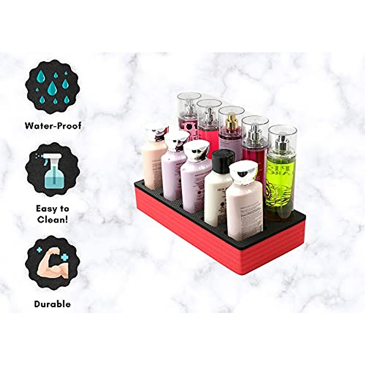 Polar Whale Lotion and Body Spray Stand Organizer Tray Red Black Durable Foam Washable Waterproof Insert for Home Bathroom Bedroom Office 12 x 6 x 2 Inches 10 Slots
