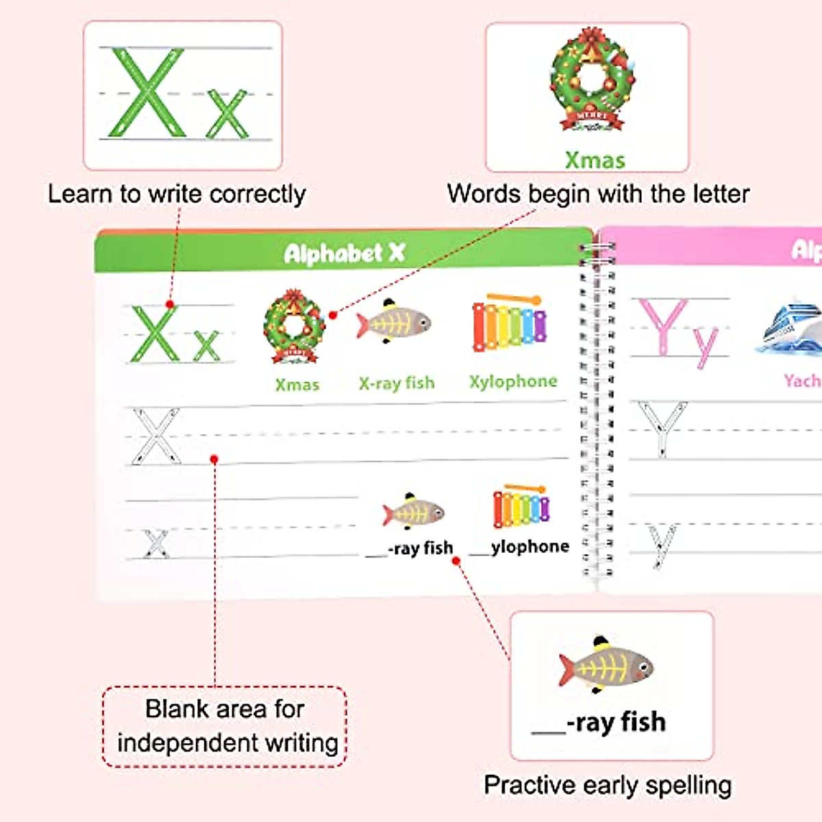 Handwriting Practice Book for kids, 40 Pages Toddlers Preschool Learning Activity Autism Educational Montessori Toys Learn Number Letters Shapes Animal & Sight Words Workbook with 8 Dry Erase Markers