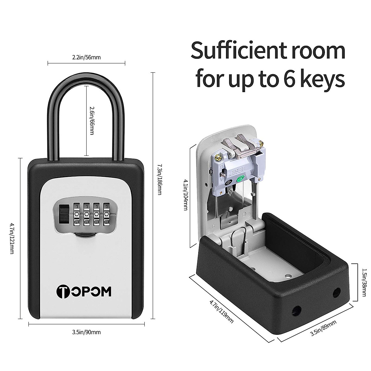 TOPOM Key Lock Box for Outside - Portable Weatherproof Combination Security Safe Boxes with Resettable Code for House Keys, Realtors, Hotels, Garage Spare