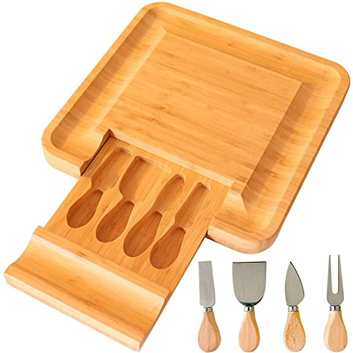 Organic Bamboo Cheese Charcuterie Cutting Board with Cutlery & Knife Set, Includes 4 Stainless Steel Serving Utensils, Wooden Serving Tray for Meat Platter, Fruit & Crackers