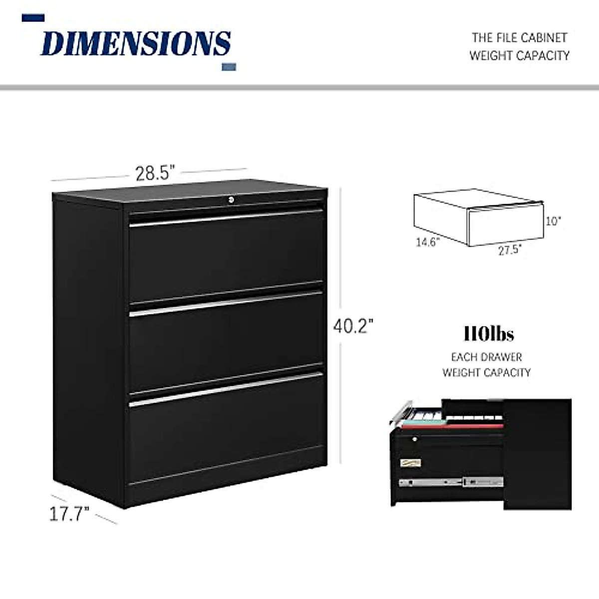 Black Lateral File Cabinet with Lock, 3 Drawer Metal Filing Cabinet for Legal / Letter Size, Locking Office File Cabinet with Drawers, Large File Drawer Cabinet with Printer Stand for Home Office