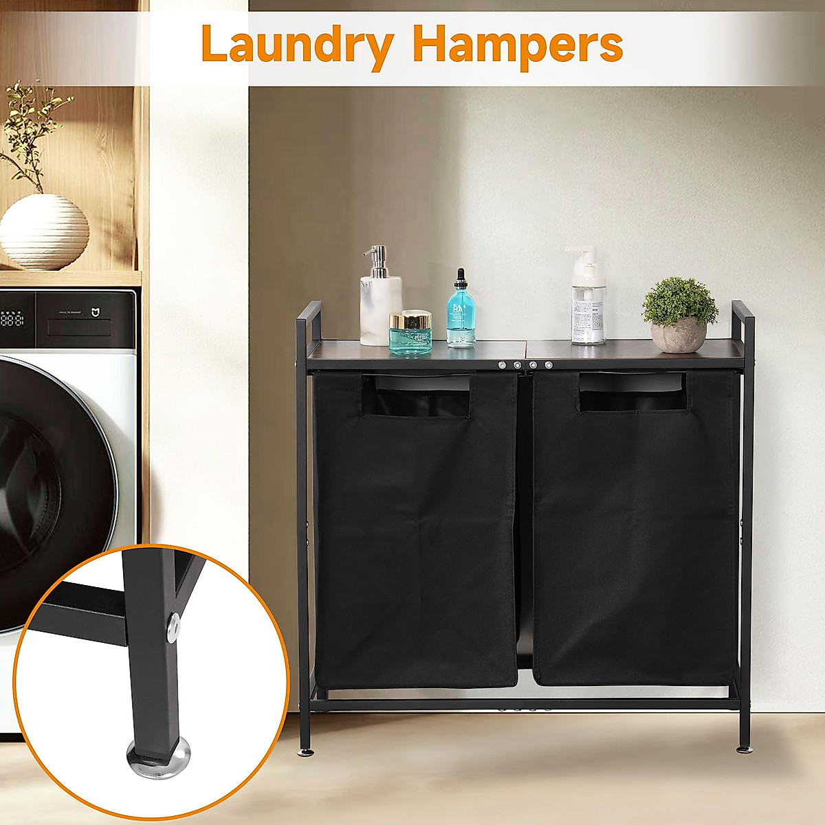 Rengue Laundry Sorter 2 Section, Laundry Hamper with Wood Table Top and 2 Pull-Out Baskets Clothes Hamper for Laundry Storage Organization Waterproof Oxford Laundry Basket 3 X 12 Gal/46L