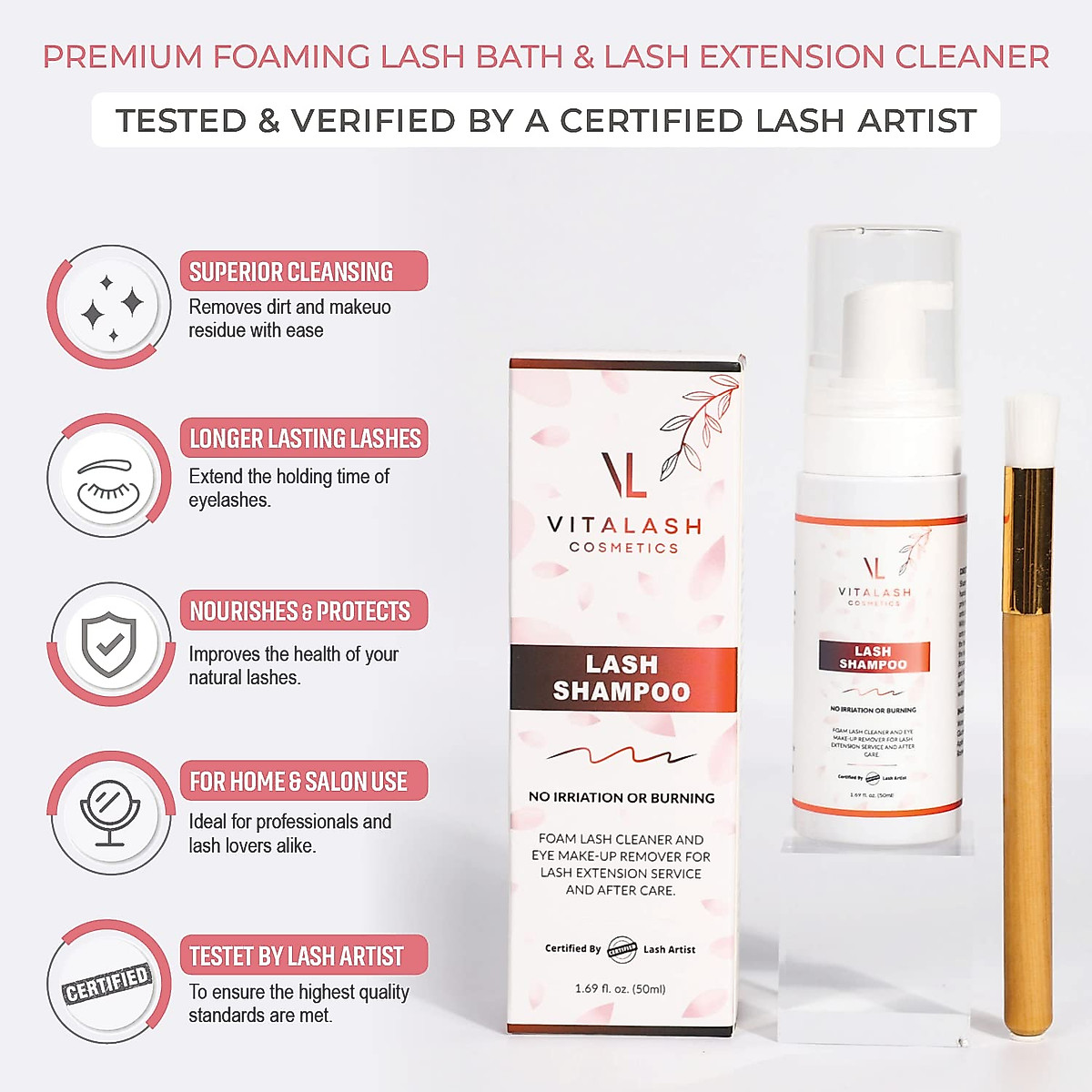 Vitalash Cosmetics Lash Extension Cleanser - Lash Shampoo for Lash Extensions - Lash Foam Cleanser for Extensions - Safe & Irritation Free - 50ML/1.69FL.oz + Brush