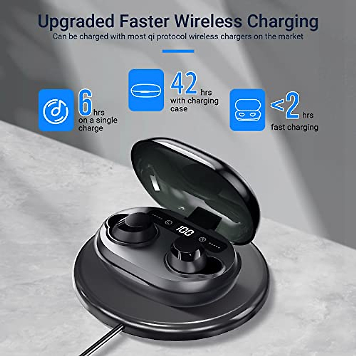 EBAKIN C8X True Wireless Earbuds Bluetooth Headphones Touch Control with LED Display Charging Case Noise Cancellation IPX7 Waterproof Earphones in-Ear Built-in Mic Headset for iPhone and Android