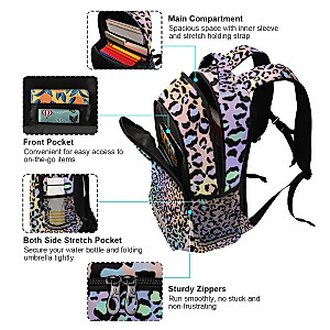 MNSRUU School Backpack with Chest Strap, Leopard Print Laptop Backpack, Travel Hiking Backpack for Boys Girls, Rucksack, Knapsack