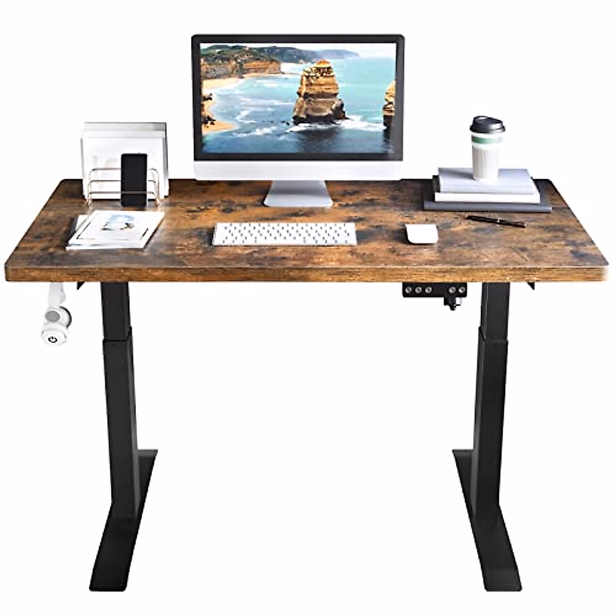 WULEITEX Dual Motor Standing Desk, 48 x 24 Inches Adjustable Height Desk, Stand up Desk, Sit Stand Home Office Desk with Splice Board/Black Frame/Rust Brown