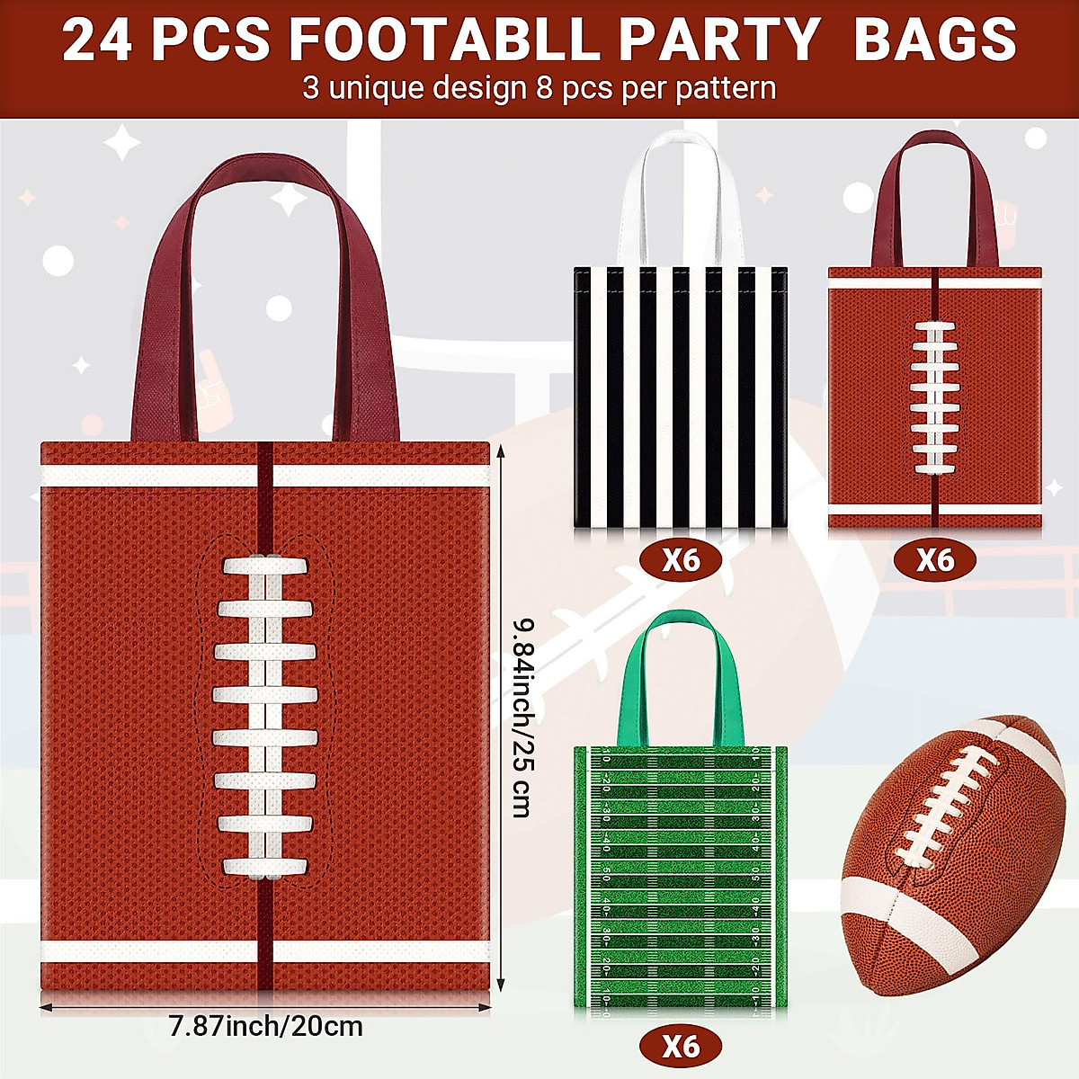 Photect 24 Pcs Football Bags Football Non Woven Gift Bags Football Treat Bags Football Goody Candy Bags Sport Favor Bags Football Themed Party Decorations Super Football Bowl Party Supplies