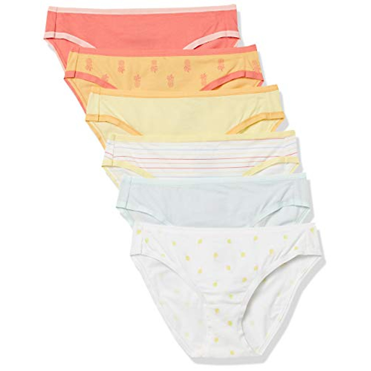 Amazon Essentials Women's Cotton Bikini Brief Underwear (Available in Plus Size), Pack of 6, Pineapple, Large