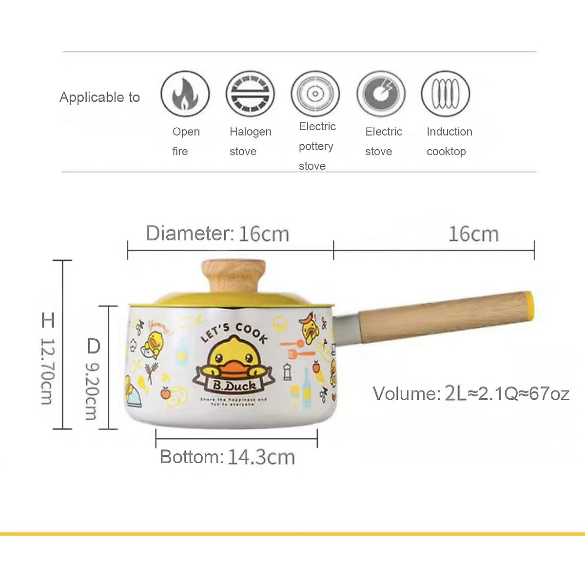 Cooker King x B. Duck 6 inch Milk Pot with Lid, Non-Stick Sauce Pan, Yellow Duck Pattern Small Cookware with Wood Handle-Yellow & White