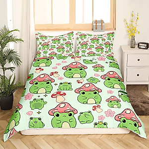 Mushroom Frog Duvet Cover Set Twin Size Cute Mushroom Bedding Set 2pcs for Kids Girls Boys Bedroom Decor Cartoon Animals Plants Comforter Cover Pink Green Quilt Cover,1 Pillowcase