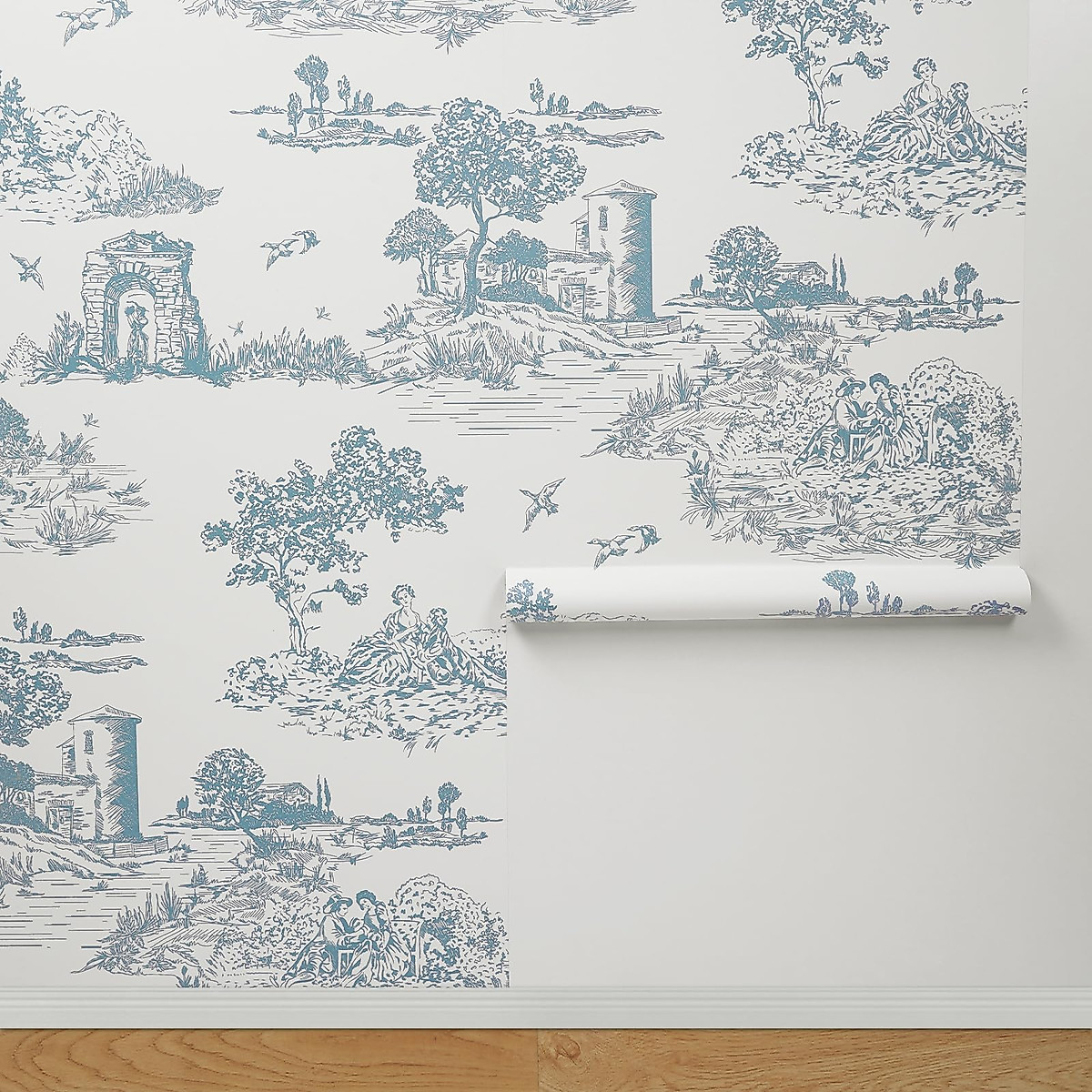 WENMER Toile Peel and Stick Wallpaper 17.7” X 118” Blue and White Wallpaper Blue Contact Paper Removable Vintage Chinoiserie Wallpaper French Wallpaper for Bedroom Living Room