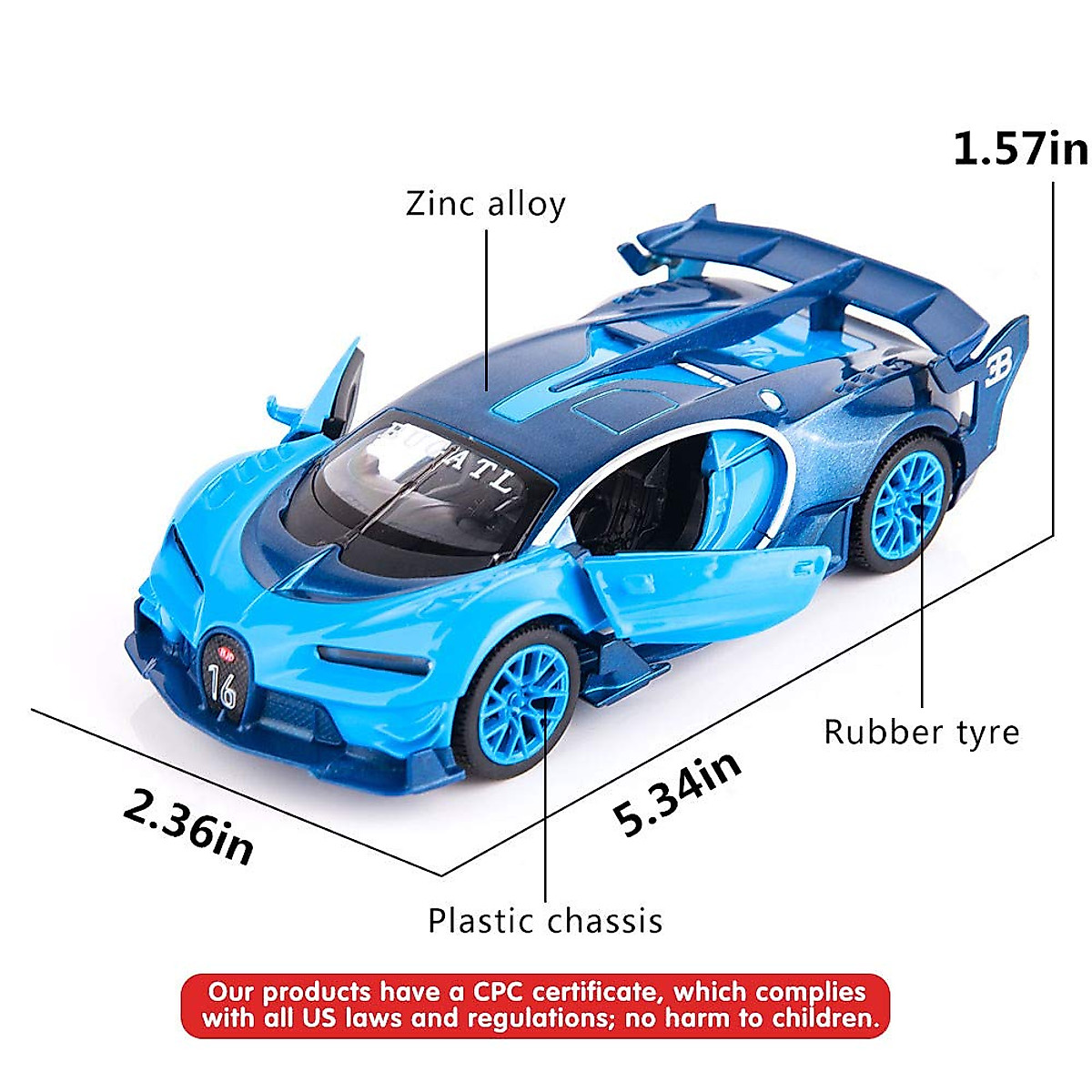 BDTCTK Bugatti Vision GT Supercar 1/32 Zinc Alloy Die Casting Pull Back Car Model Toy Sound and Light for Boy Girl Gift (Bule)