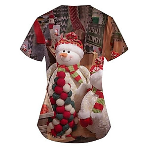 Christmas Mock Wrap Scrubs for Women Short Sleeve Medical Scrub V-Neck Soft Workwear Springy Tshirts Under Scrub Shirts Long Sleeve(3-Red,4X-Large)