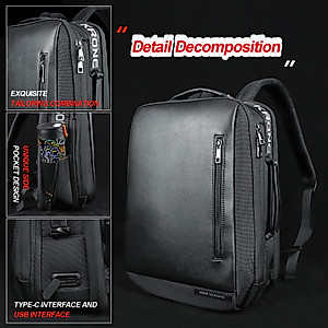 Krone Kalpasmos Anti-Theft Bussiness Backpack for Men & Women, Large Capacity Leather Waterproof Backpack with Grey Organizer, Black