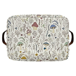 YEGAME Mushroom Storage Baskets Rectangular Storage Bin,Collapsible Canvas Shelves Storage Bins with Leather Handles for Shelves Home Closet Bedroom Living Room,1Pack