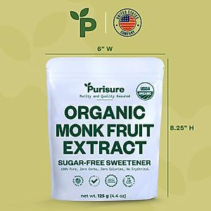 Organic Monk Fruit Sweetener, 125g (4.41oz) 400 Servings, No Fillers Pure USDA Organic Monk Fruit Extract Powder with No Aftertaste, Zero Calorie & Zero Carbs, Keto & Paleo Friendly, by Purisure