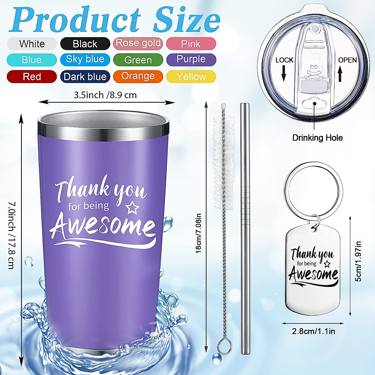 Sieral Thank You for Being Awesome Tumbler,Thank You Gifts for Women Men 20oz Insulated Stainless Steel Travel Tumbler with Lid and Straw Appreciation Gift with Keychain (Multicolor, 24 Pieces)