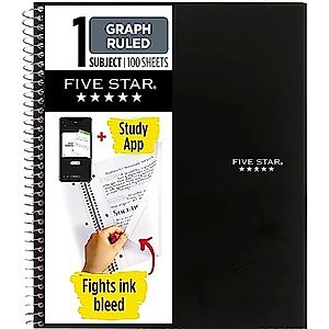 Five Star Spiral Notebook, 1-Subject, Graph Ruled Paper, Fights Ink Bleed, Water Resistant Cover, 8-1/2" x 11", 100 Sheets, Black (73679)