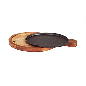 Sahishnu Online & Marketing Fajita Pan with Wooden Tray Handle, Sizzling Brownie Sizzler Plate/Tray with Wooden Base with Handle