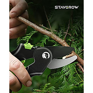 STAYGROW 8.5" Bypass Pruning Shears, All Steel Aluminum Alloy Construction Garden Shears, Ultra Sharp SK5 Carbon Steels Blades with Non-Stick Teflon Coating, Adjustable Opening Cuts Up to 3/4" (20mm）