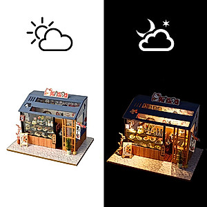 XLZSP DIY LED Lights Miniature Dollhouse Kit Street Shop Doll House Model Wooden Furniture for Valentine's Day Creative Gifts (Sushi)