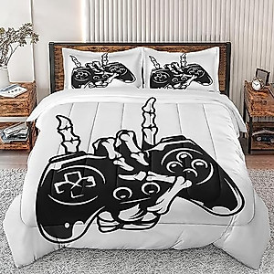Comforter Set King Size, Vintage Gaming Skeleton Rock Soft Quilt for Kids and Adults, Retro Wireless Gamepad Bedding Set with 2 Pillowcases for Bedroom Bed Decor