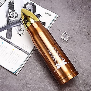 Yeahii Thermos Water Bottle Travel Outdoor Sports Thermos Water Bottle Bullet Shaped Thermos Bottle Stainless Steel Durable Portable, Gold, 500ml