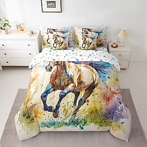 jejeloiu Girls Horse Twin Comforter Set with Sheets Tie Dye Galloping Horse 7 Pieces Bedding Set for Kids Boys Teens Room Decor Cute Animal Decor Bed in a Bag Twin Size Farmhouse Bed Set
