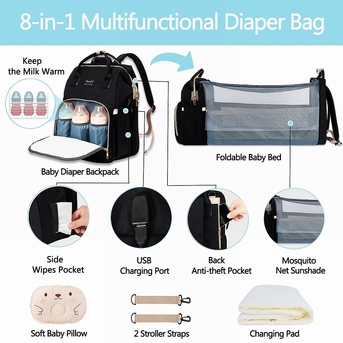 PaurFu Updated 8-in-1 Diaper Bag Backpack, Multifunctional Diaper Baby Bag for Mom Dad with Bassinet Bed,Changing Station,Soft Baby Pillow,Mosquito Net Sunshade and USB Charge Port etc.