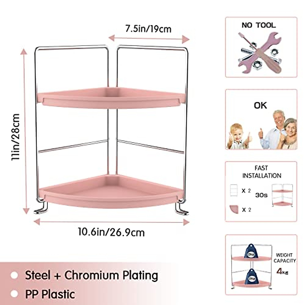 JANUS LiANG 2-Tier Bathroom Countertop Organizer Corner Perfume Shelf Stackable Cosmetic Storage Rack Vanity Tray (Pink & Silver)