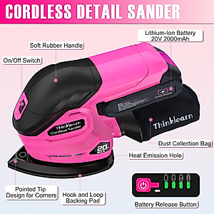 Cordless Detail Sander - 20V Electric Hand Sander with 22Pcs Sandpapers, 12000 RPM Mouse Sander with Dust Bag, Compact Palm Sander Tool for Tight Spaces Woodworking, 2.0Ah Battery and Charger Included